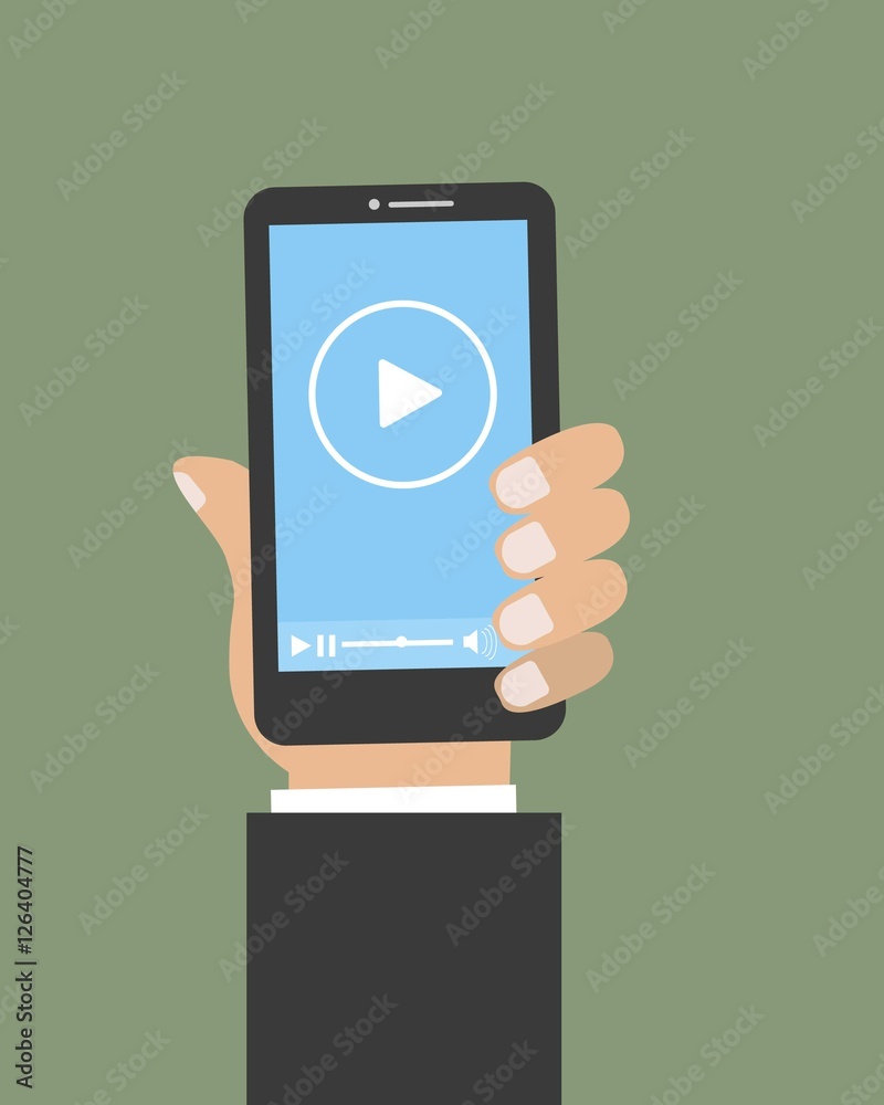 Hand holding phone icon. Vector illustration. There is a "play" button ...