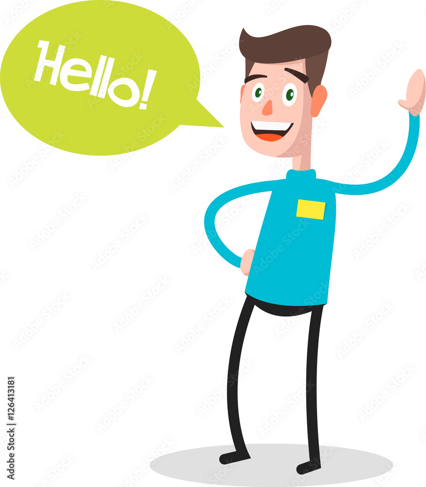 Successful young businessman character saying hello with speech bubble ...