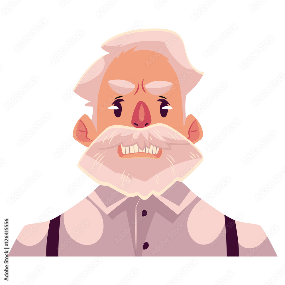 Grey haired old man face, angry facial expression cartoon vector ...