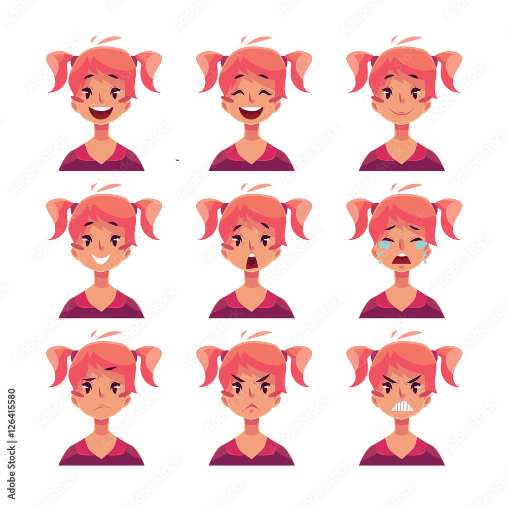 Teen girl face expression, set of cartoon vector illustrations isolated ...