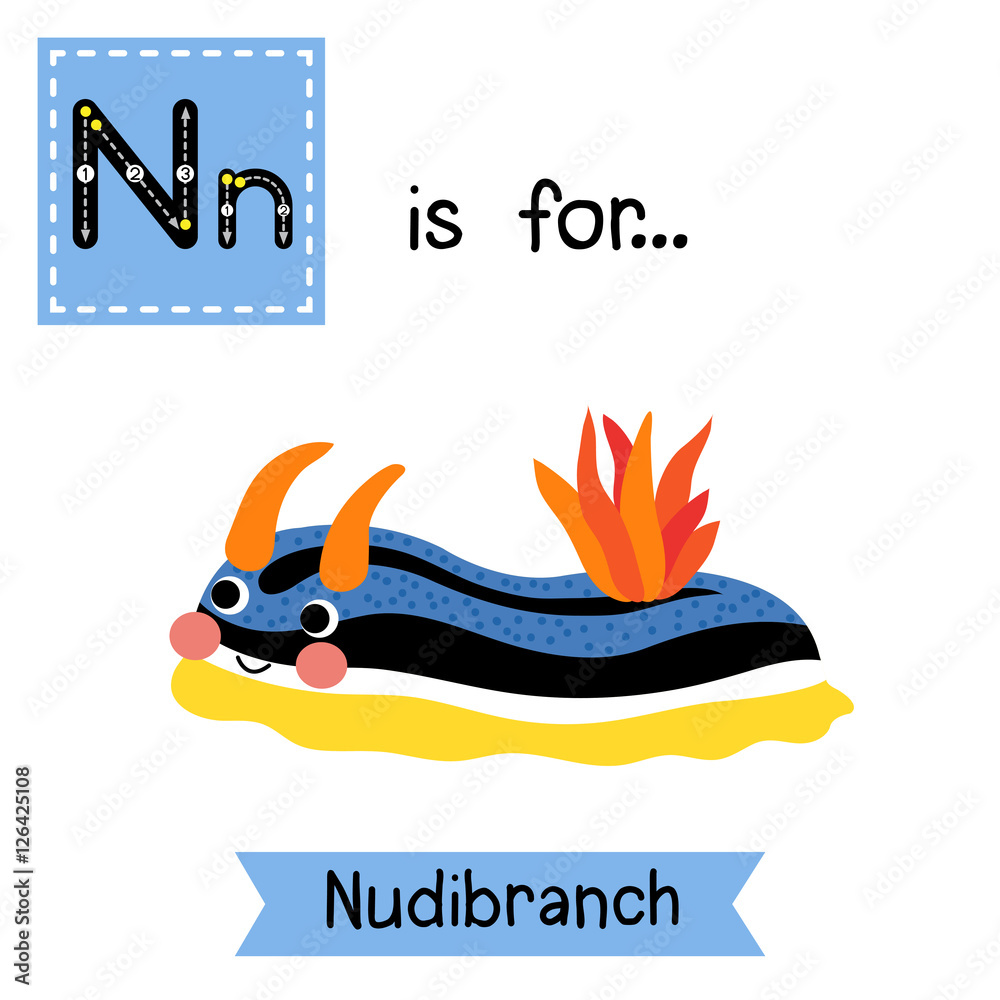 N letter tracing. Colorful Nudibranch. Cute children zoo alphabet flash ...