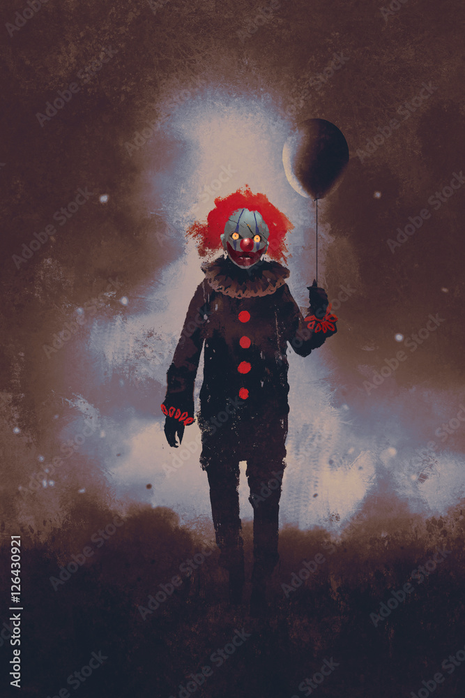evil clown standing with a black balloon against a dark background ...