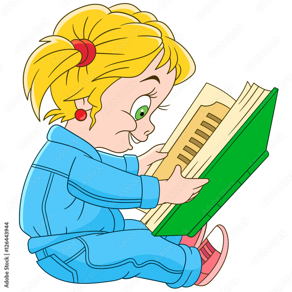 Cute and happy cartoon preschool baby girl is reading, isolated on ...