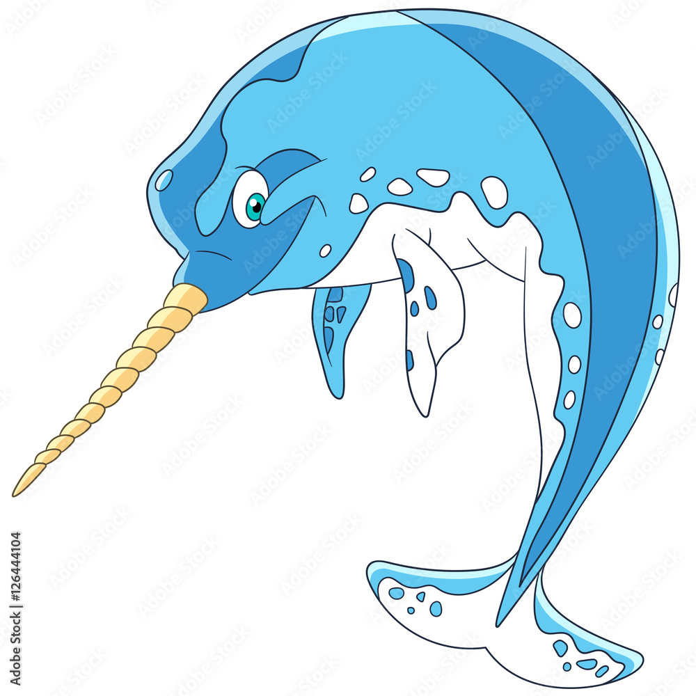Cute and happy cartoon narwhal (unicorn fish), isolated on white ...