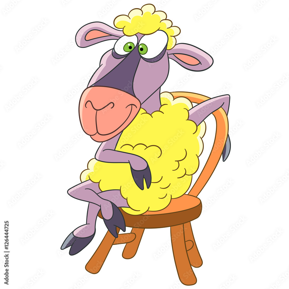 Cute and happy cartoon sheep sitting on the chair, isolated on white ...