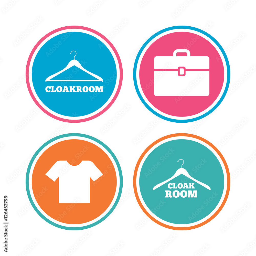 Cloakroom icons. Hanger wardrobe signs. T-shirt clothes and baggage ...