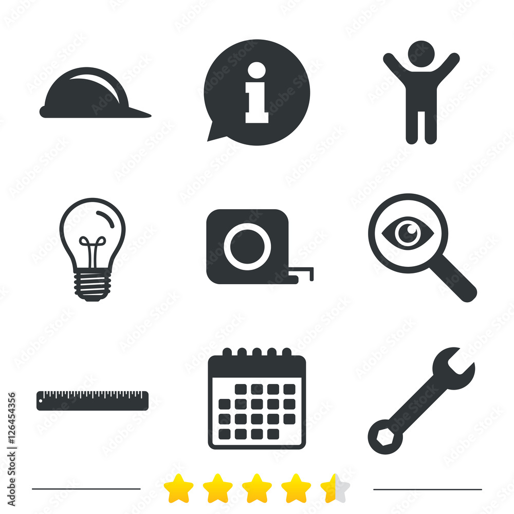 Construction helmet and wrench key tool icons. Ruler and tape measure ...