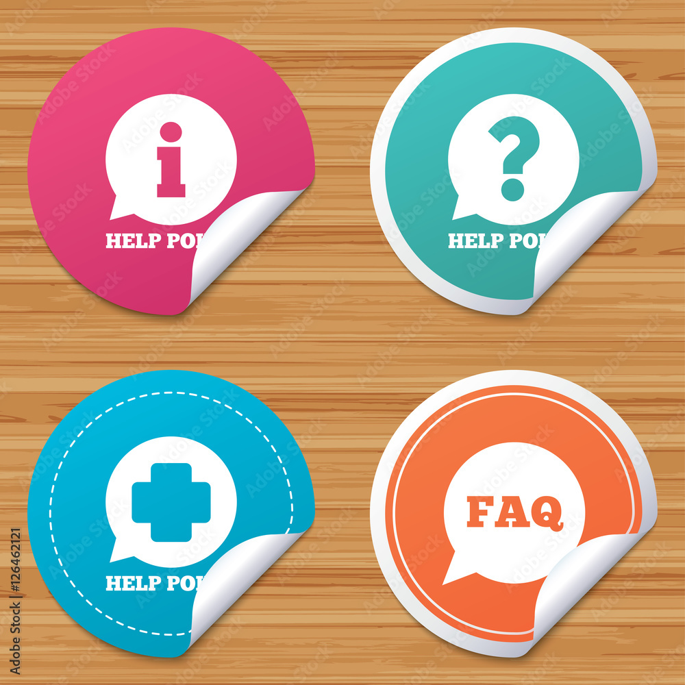 Round stickers or website banners. Help point icons. Question and ...