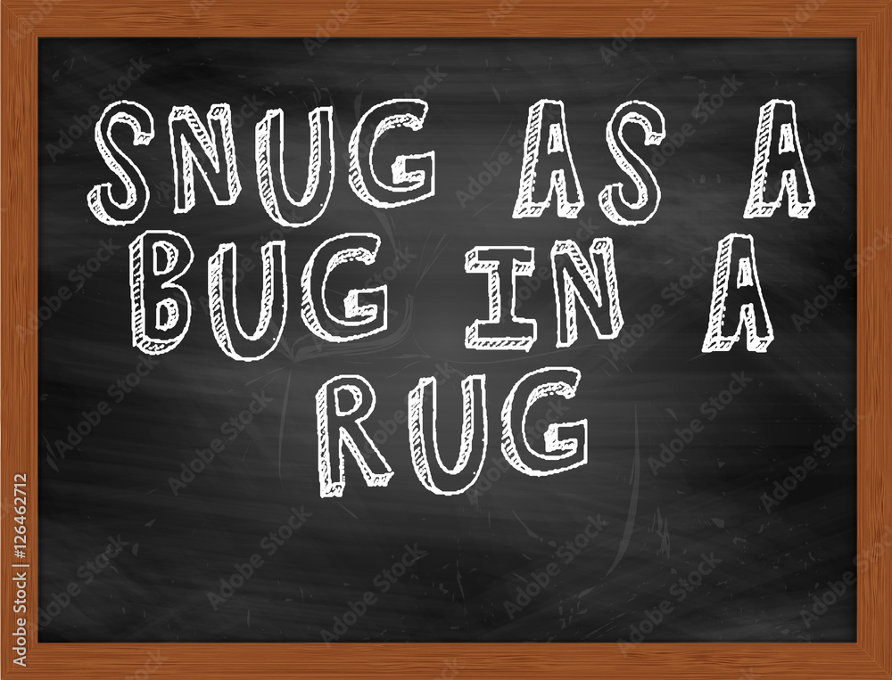 SNUG AS A BUG IN A RUG handwritten text on black chalkboard Stock ...