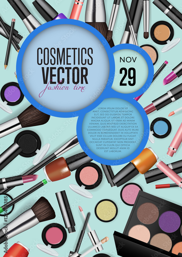 Cosmetics product presentation poster. Makeup accessories set ...