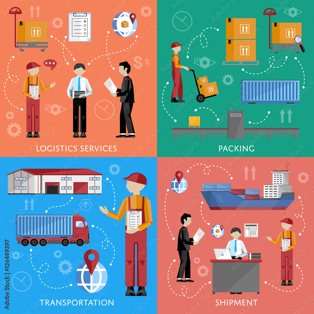 Sea port design concept set with container cargo and shipment flat ...