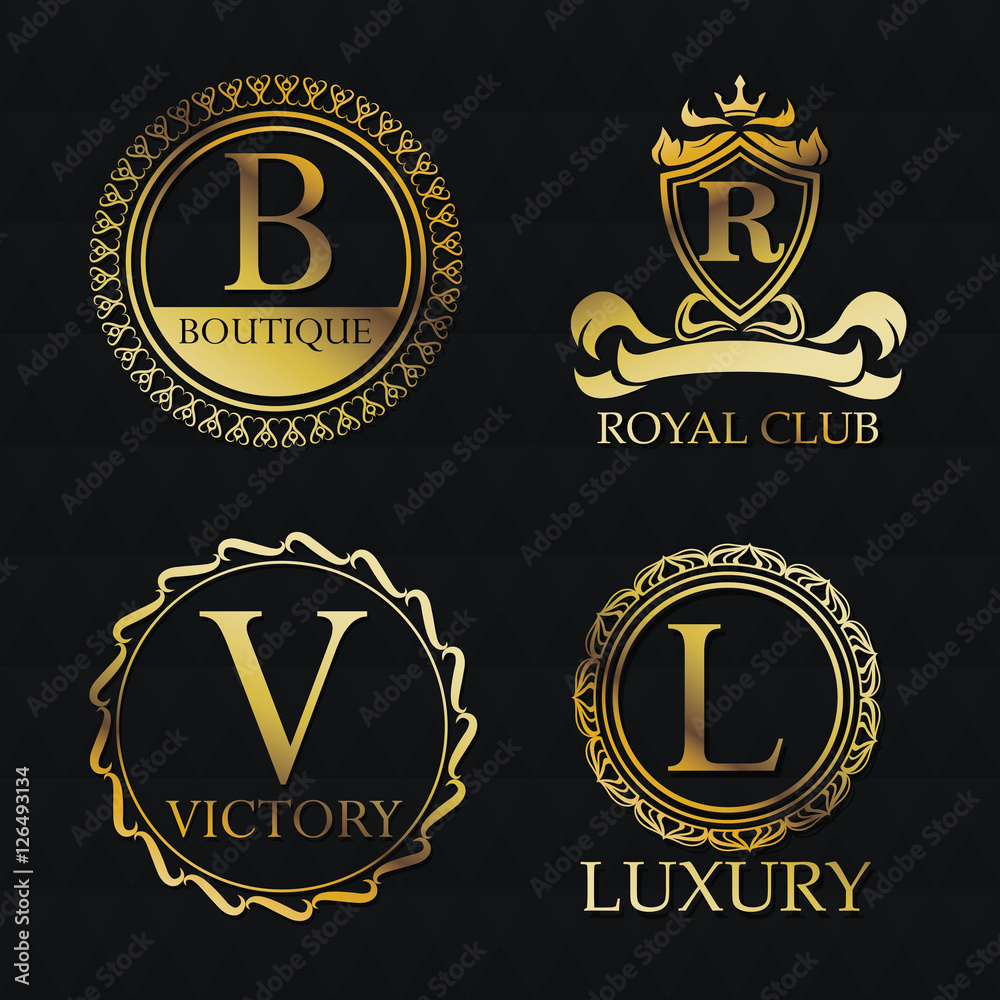 Gold emblem icon set. Exclusive rich club glamour and member theme ...