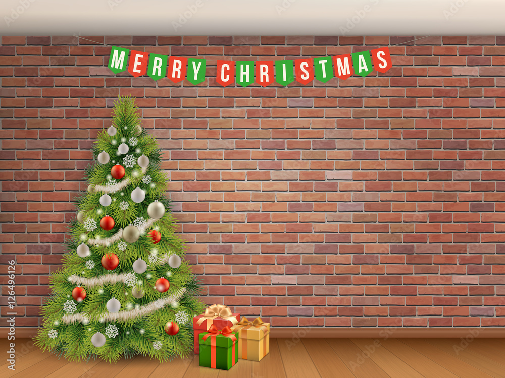 Christmas tree and garland on red brick wall background. Empty room ...