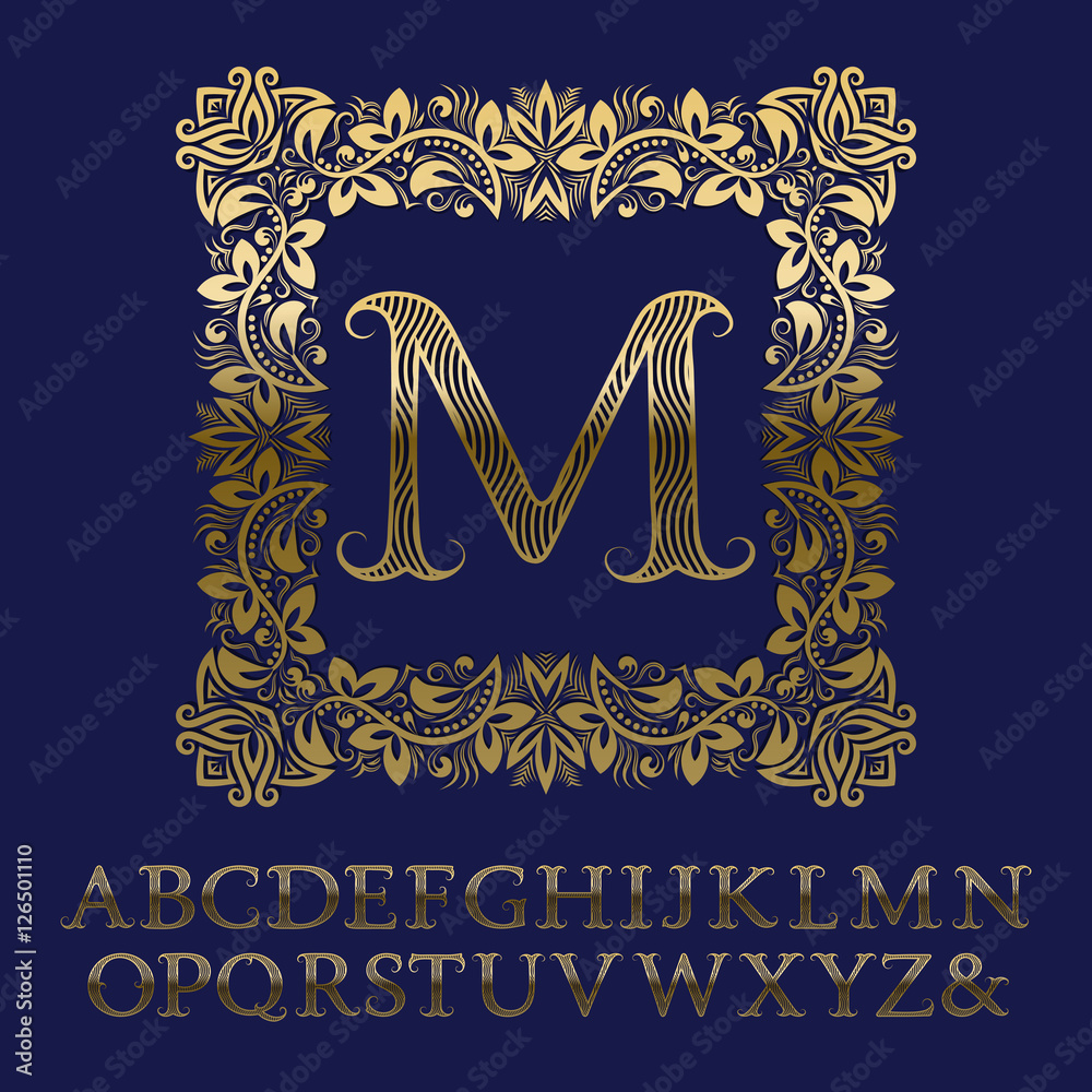Wavy striped gold letters and initial monogram in square floral frame ...