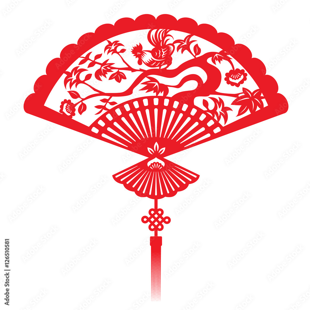 Red paper cut rooster chicken on tree in china fan isolate vector ...