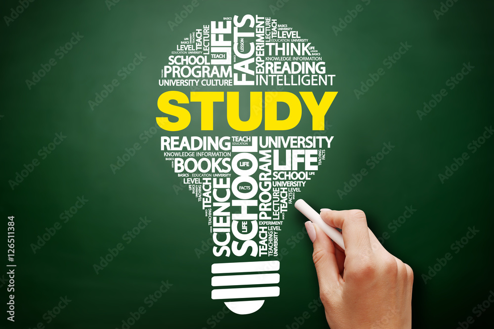 STUDY bulb word cloud collage, education concept on blackboard Stock ...