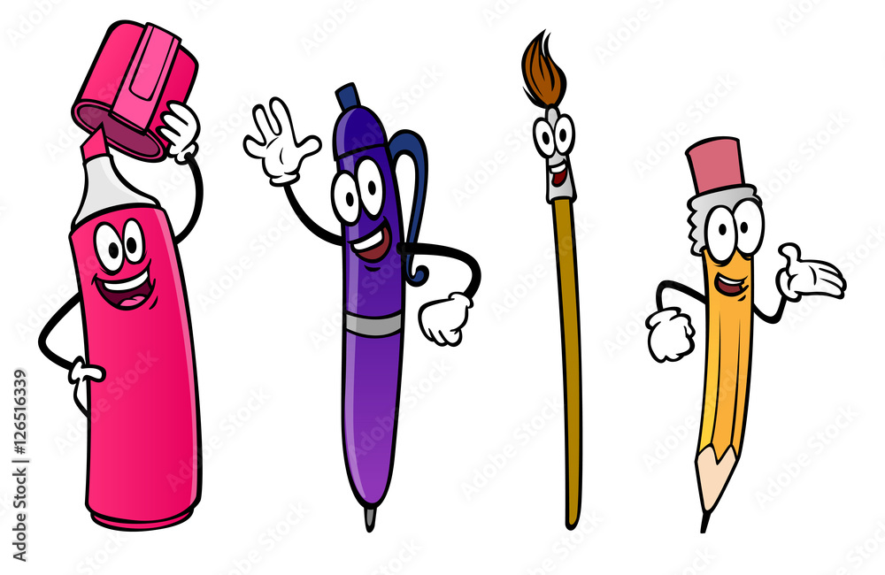 cartoon pencil, marker, brush, pen Stock Illustration | Adobe Stock