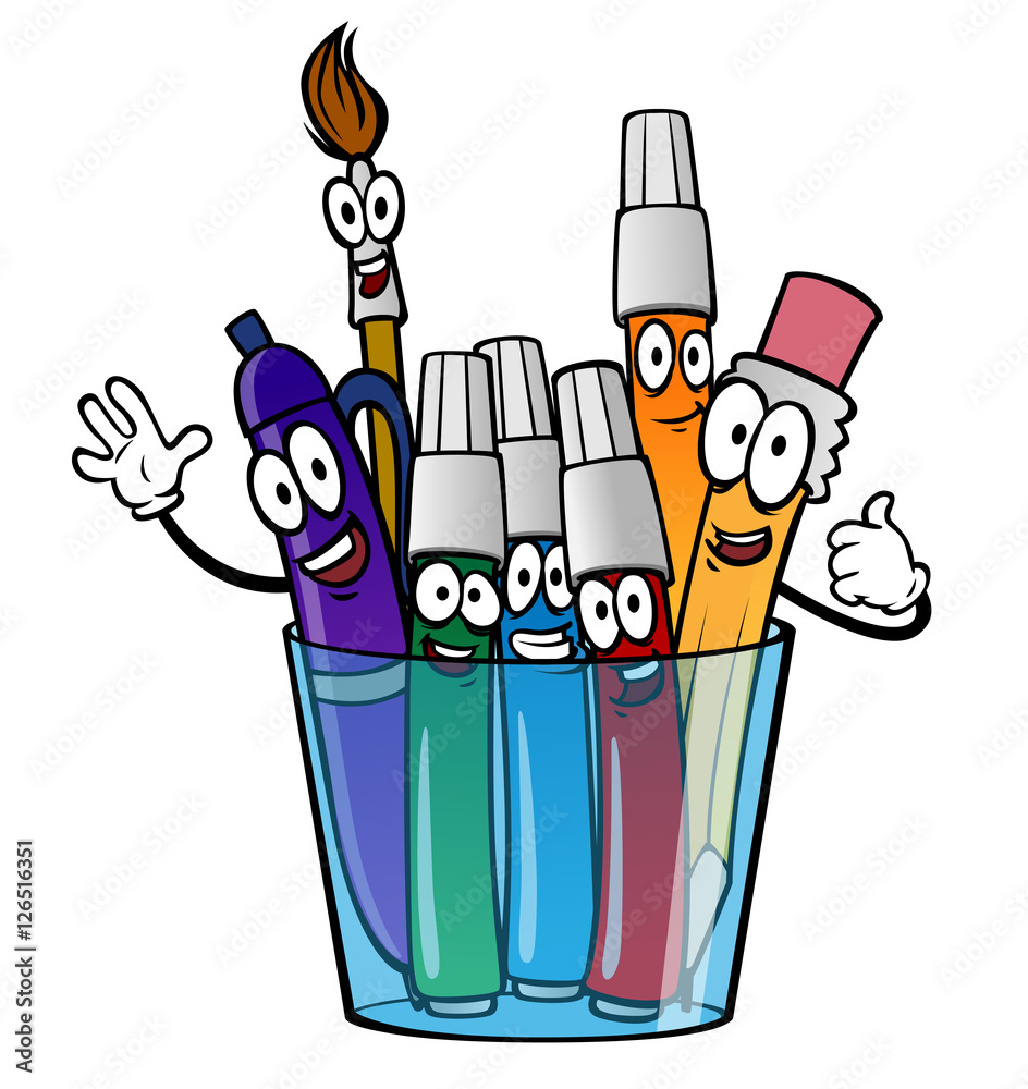 Glass with cartoon pencil, markers, brush, pen Stock Illustration ...