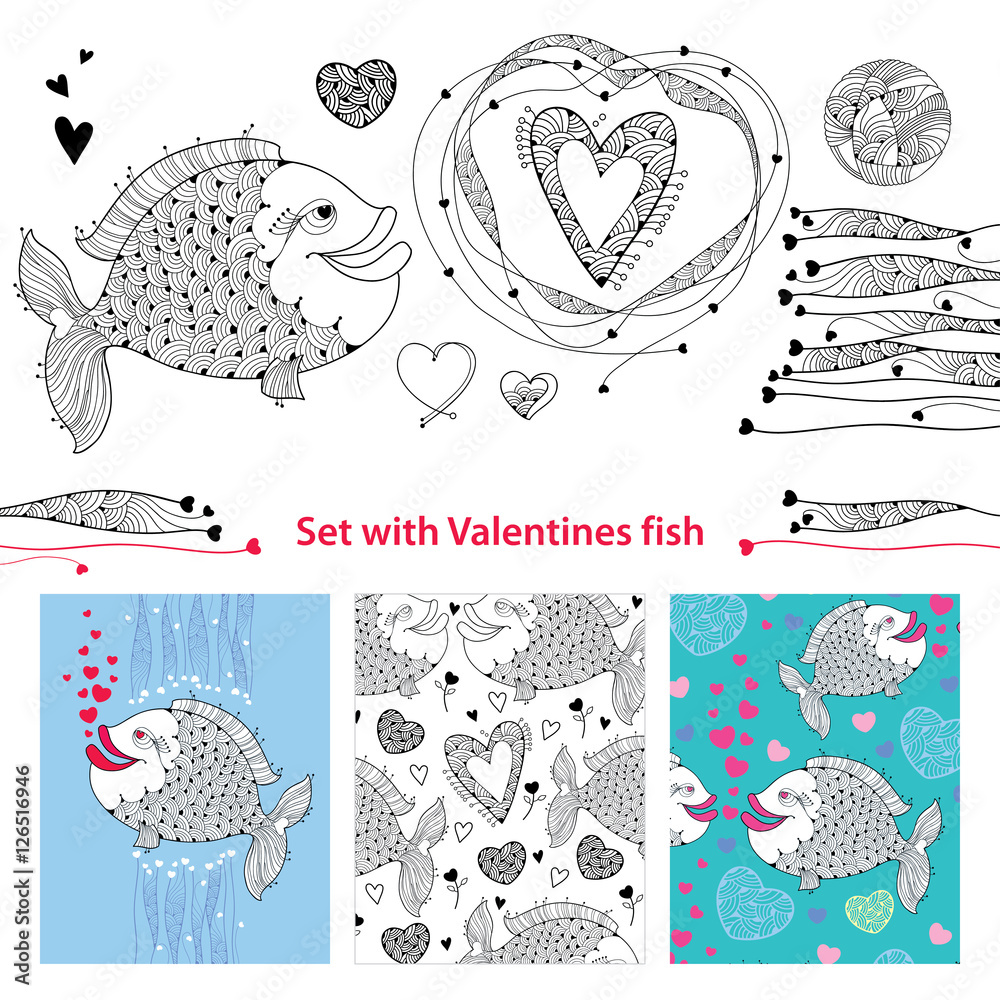 Vector Valentine day set with fishes in contour style. Outline cartoon ...