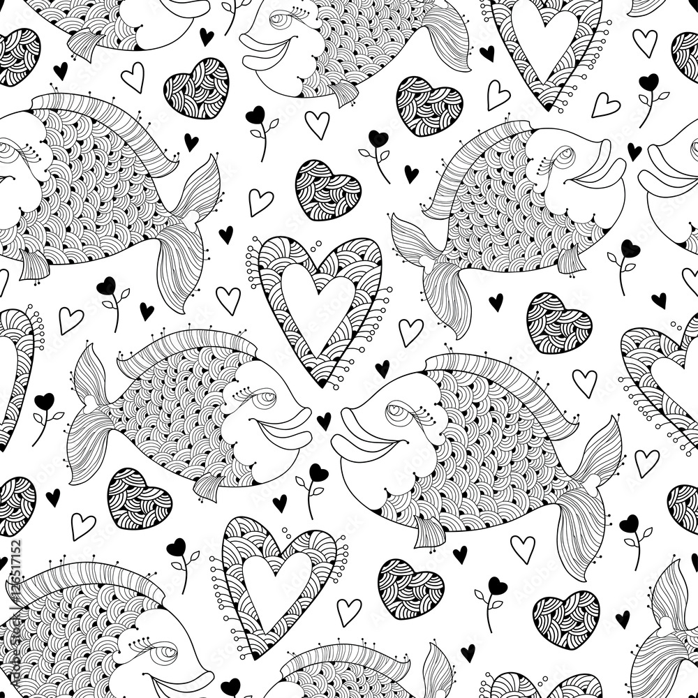 Vector seamless pattern with fish and ornate heart on the white. Design ...