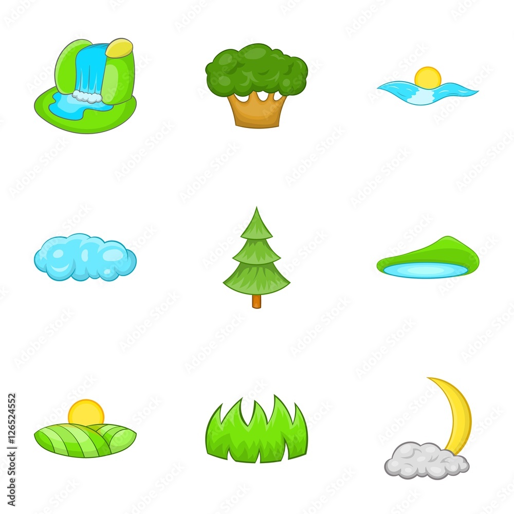 Beautiful nature icons set. Cartoon illustration of 9 beautiful nature ...