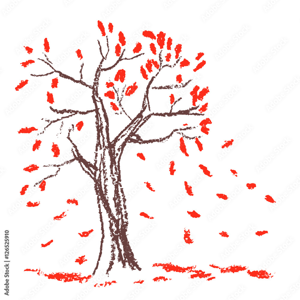 Wax crayon hand drawn autumn tree with red leaves. Hand painted leaves ...
