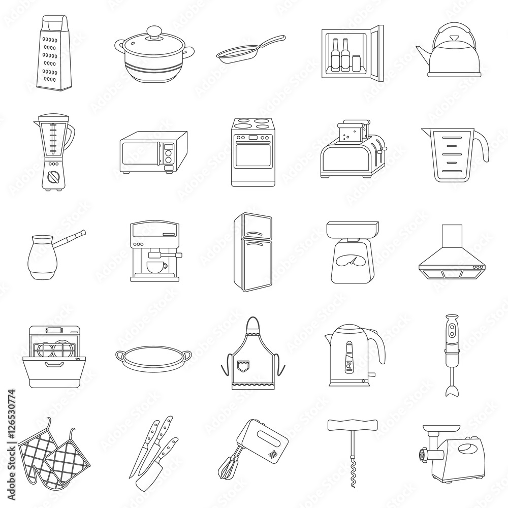 Kitchen set icons in outline style. Big collection of kitchen vector ...