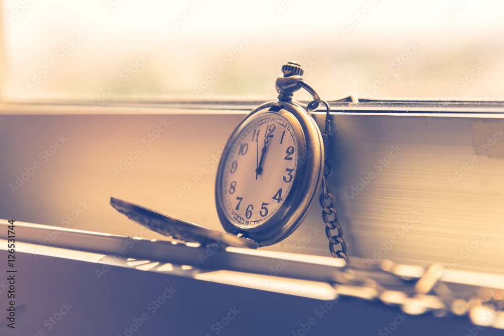 Antique clock inside window with blur city background Stock Photo ...