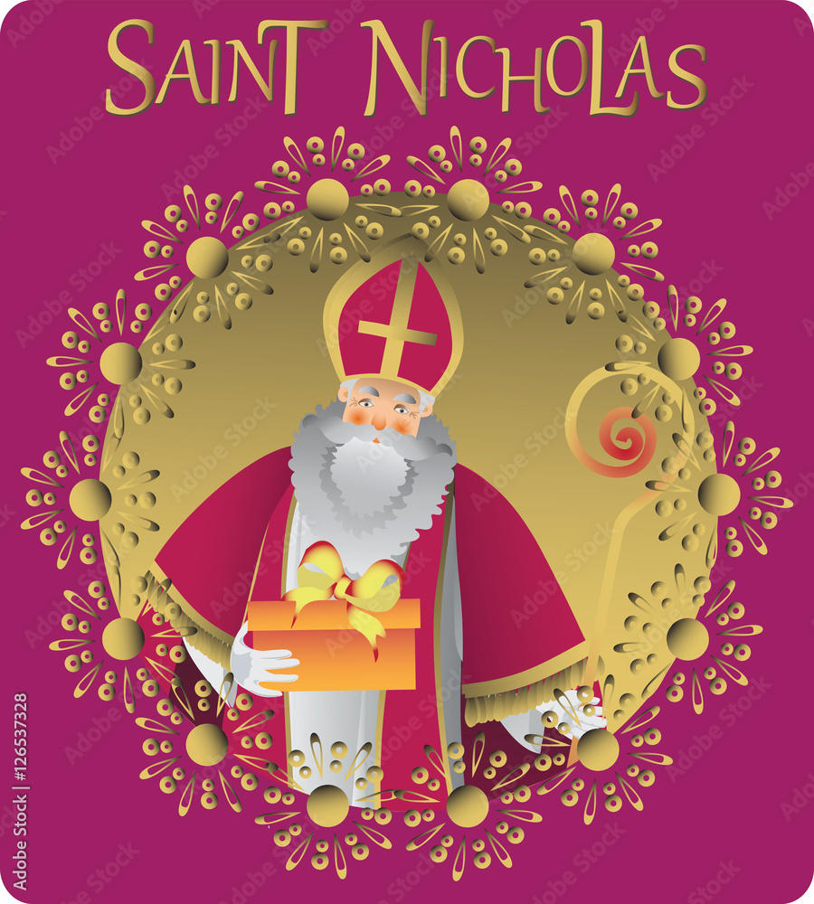 Saint Nicholas is in a gold frame. Design greeting cards, poster. Stock ...