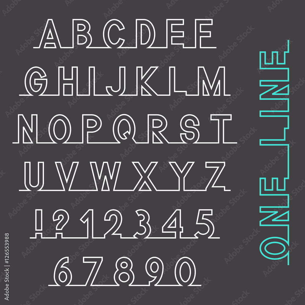 One line font, latin alphabet letters and numbers, white isolated on ...