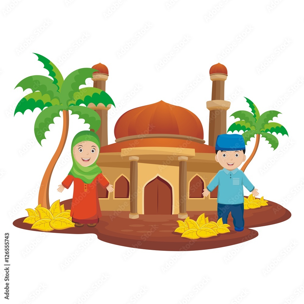 adorable Mosque islamic cartoon with two kids Stock Vector | Adobe Stock