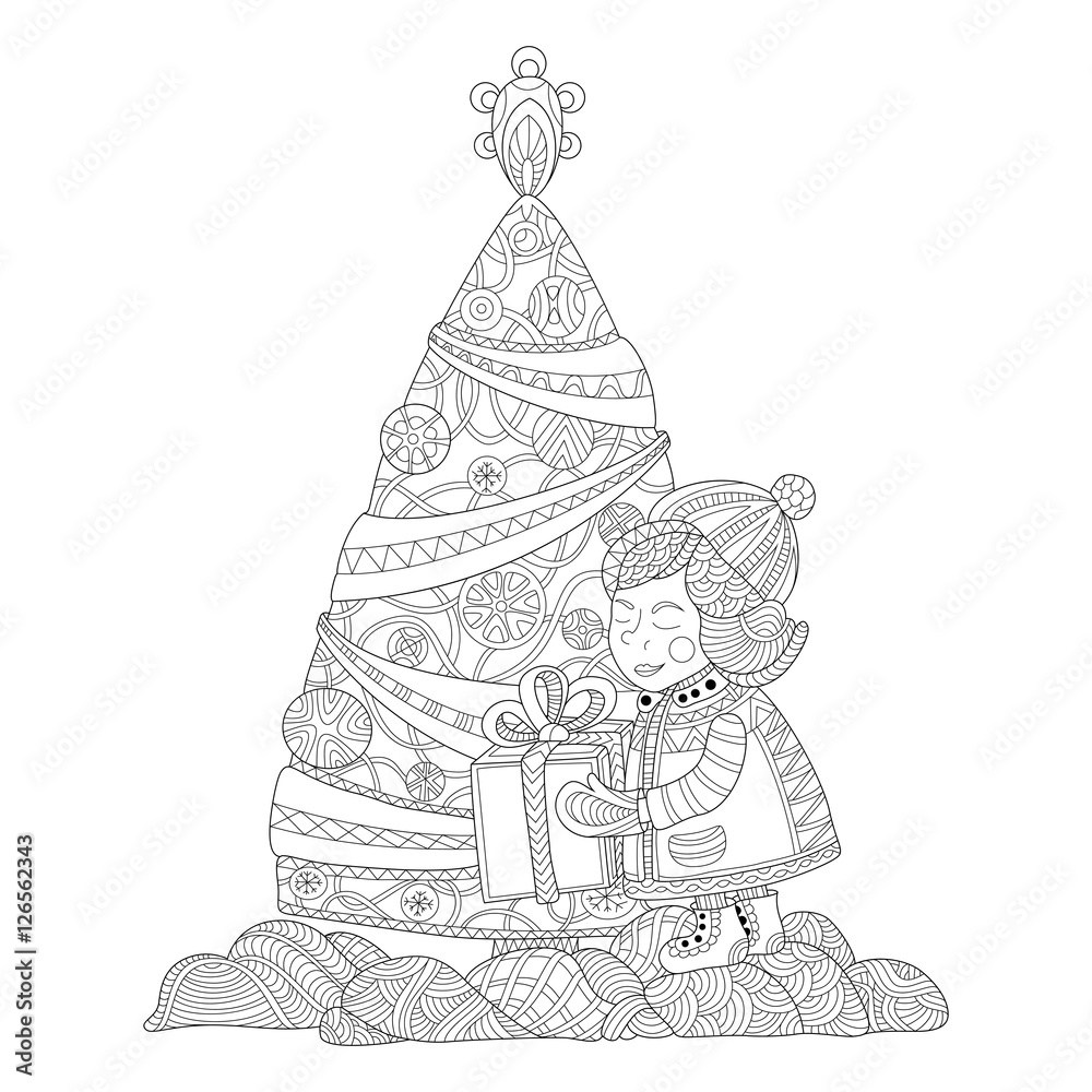 Girl unwrapping Christmas gifts coloring page in zentangle style Stock ...