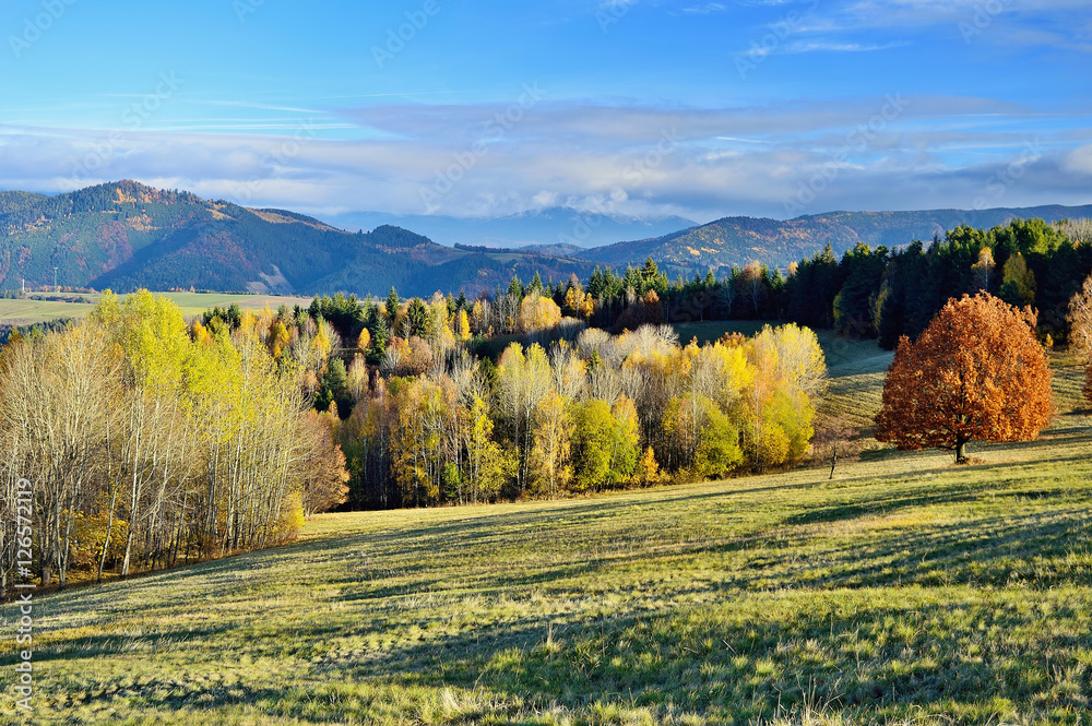 Fall in Slovakia. Meadows and fields landscape. Autumn color trees ...