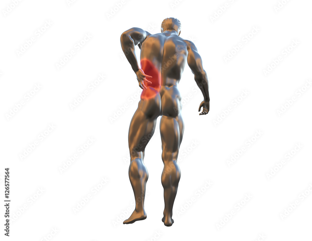 Male torso, pain in the back isolated on white background. 3d rendered ...