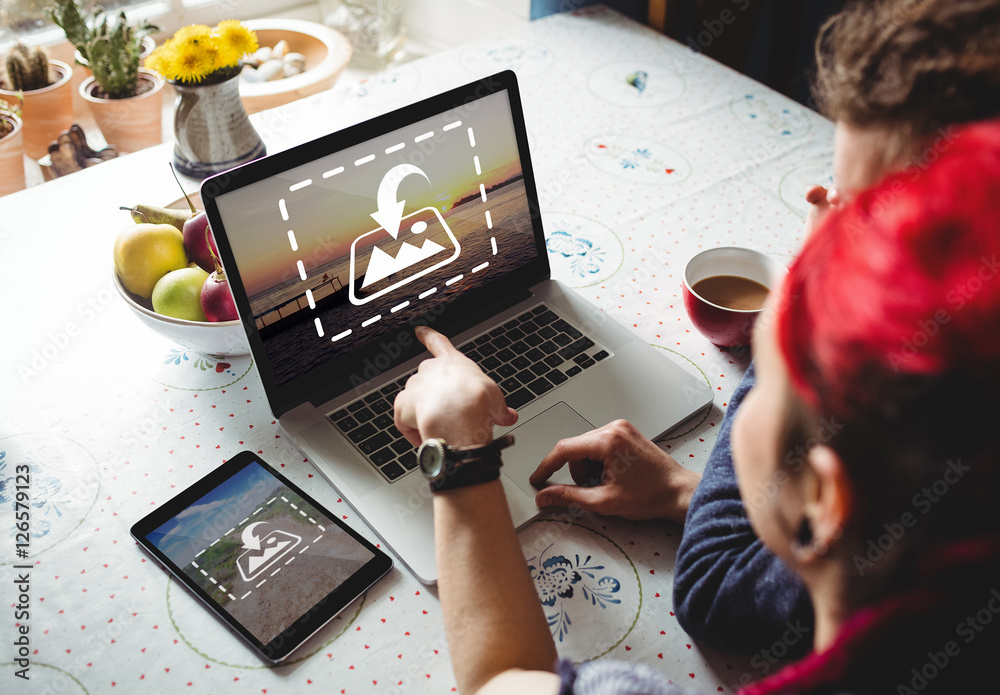 2 Laptop and Tablet Users at Table Mockup Stock Template | Adobe Stock