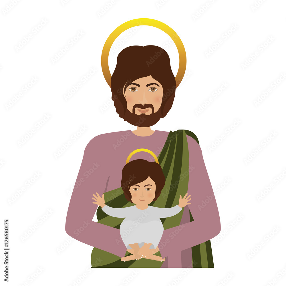 cartoon saint joseph with baby jesus icon over white background ...