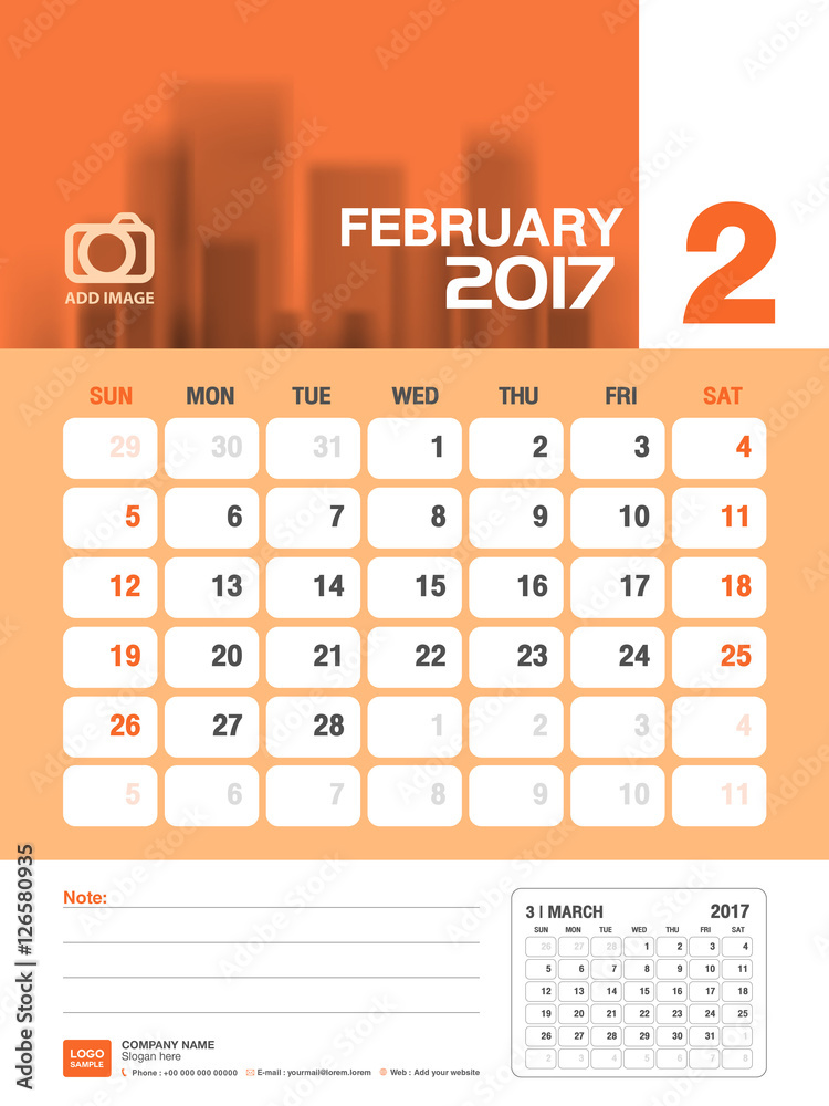 February Desk calendar 2017, Orange Calendar 2017, vertical cale Stock ...