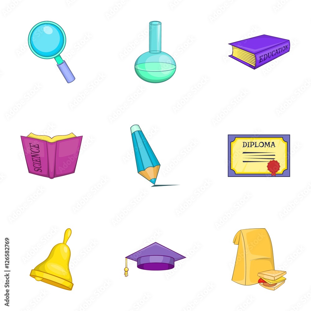 University icons set. Cartoon illustration of 9 university vector icons ...