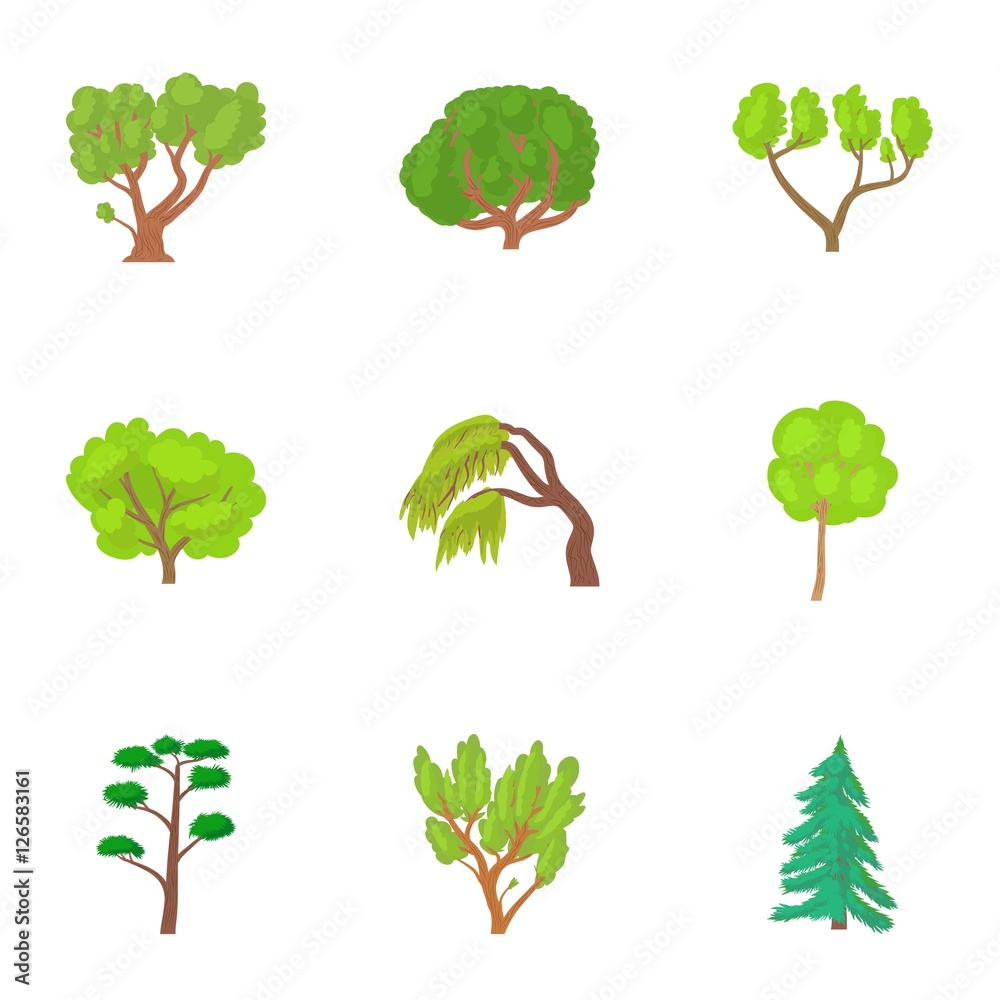 Types of trees icons set. Cartoon illustration of 9 types of trees ...