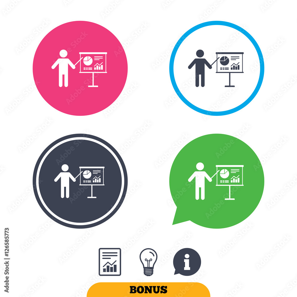 Presentation sign icon. Man standing with pointer. Scheme and Diagram ...