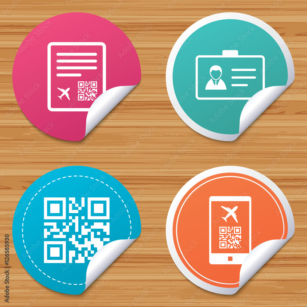 Round stickers or website banners. QR scan code in smartphone icon ...