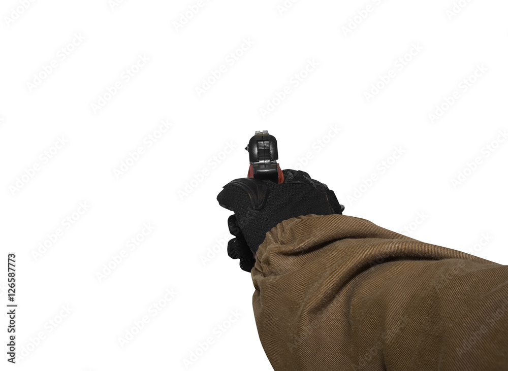Isolated first person view soldier hand in black battle gloves ...