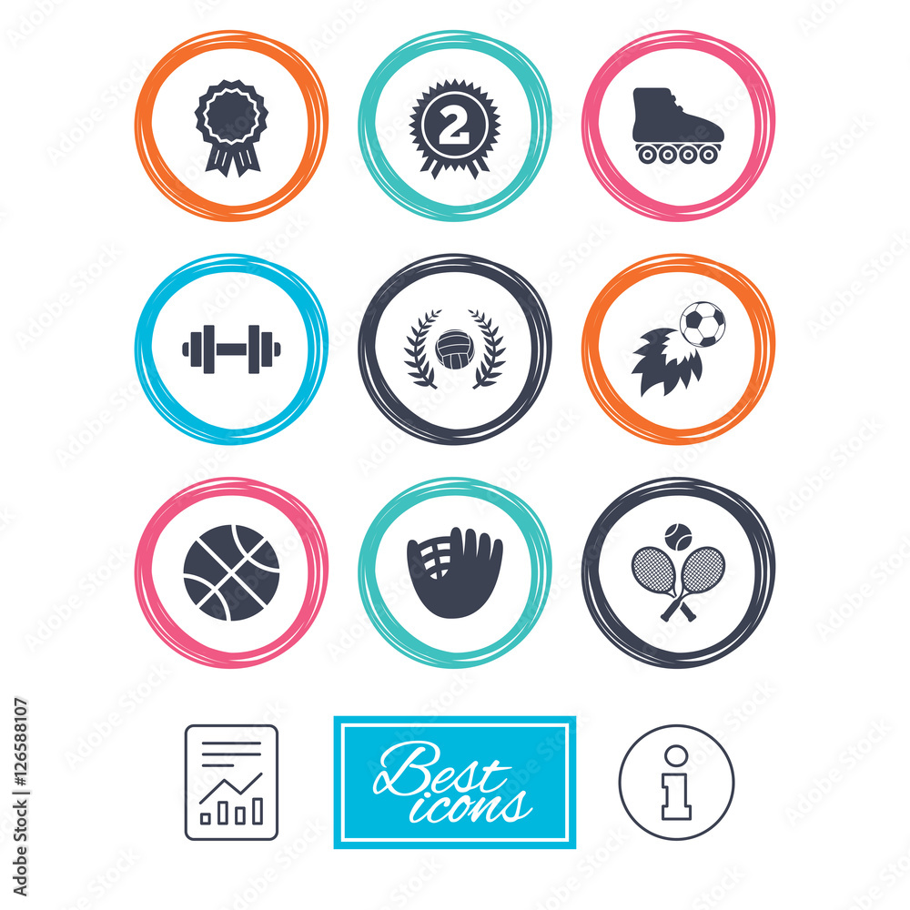 Sport games, fitness icons. Football, basketball and volleyball signs ...