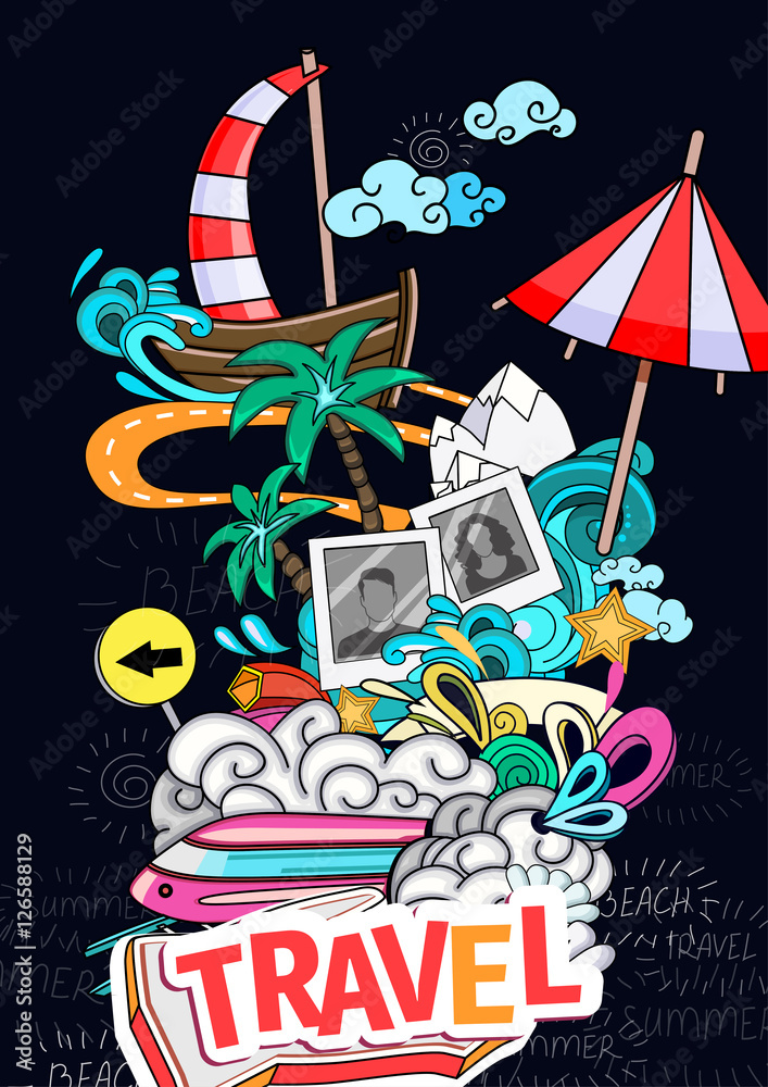 Cartoon style. Summer tourism concept. Voyage, journey and travel ...