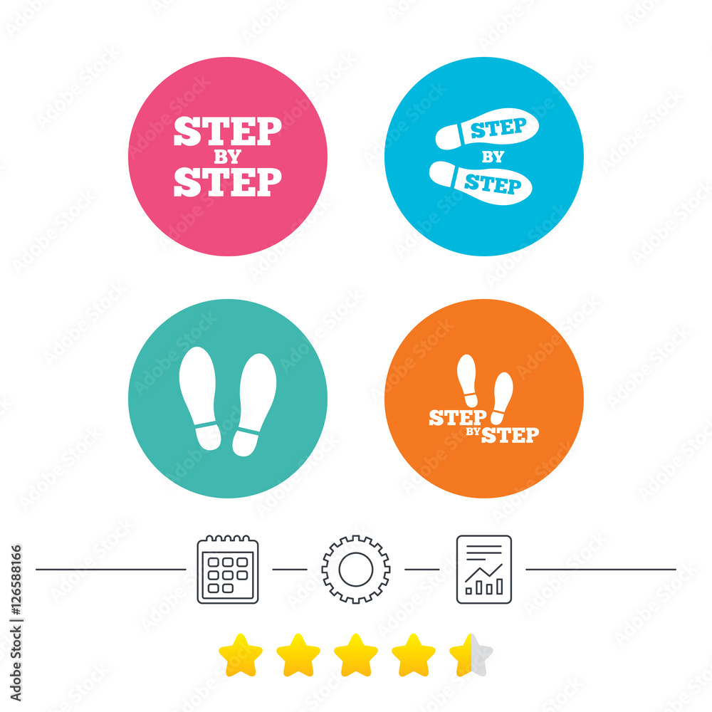 Step by step icons. Footprint shoes symbols. Instruction guide concept ...