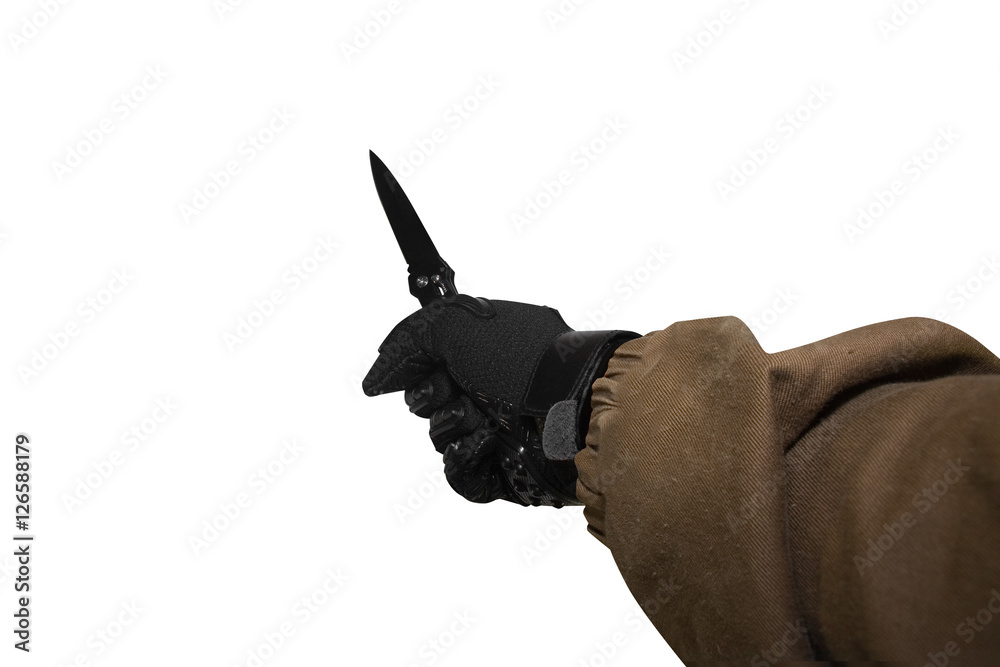 Isolated first person view soldier hand in black battle gloves ...