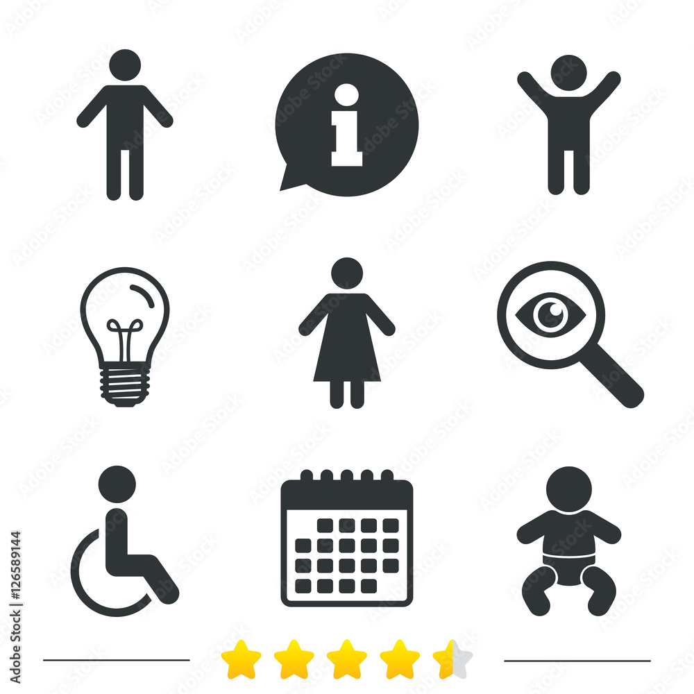 WC toilet icons. Human male or female signs. Baby infant or toddler ...