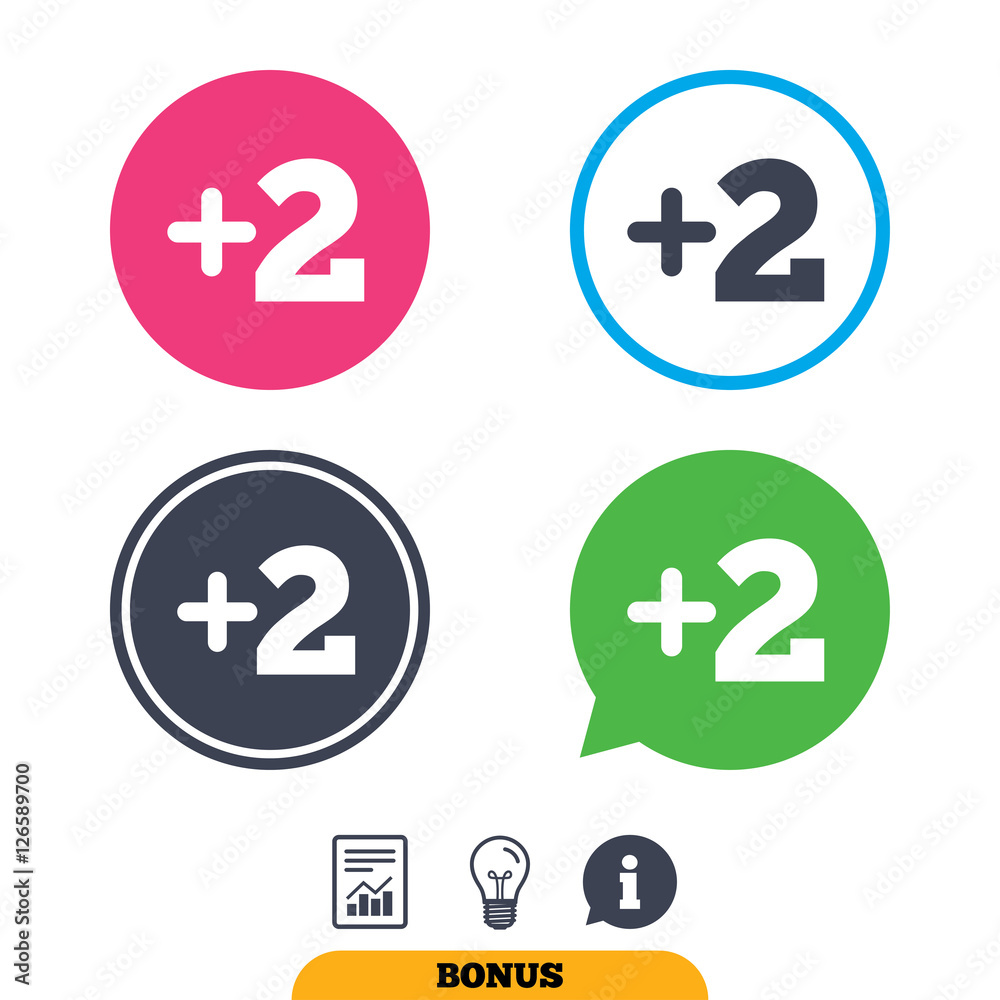 Plus two sign. Add two symbol. Two more. Report document, information ...