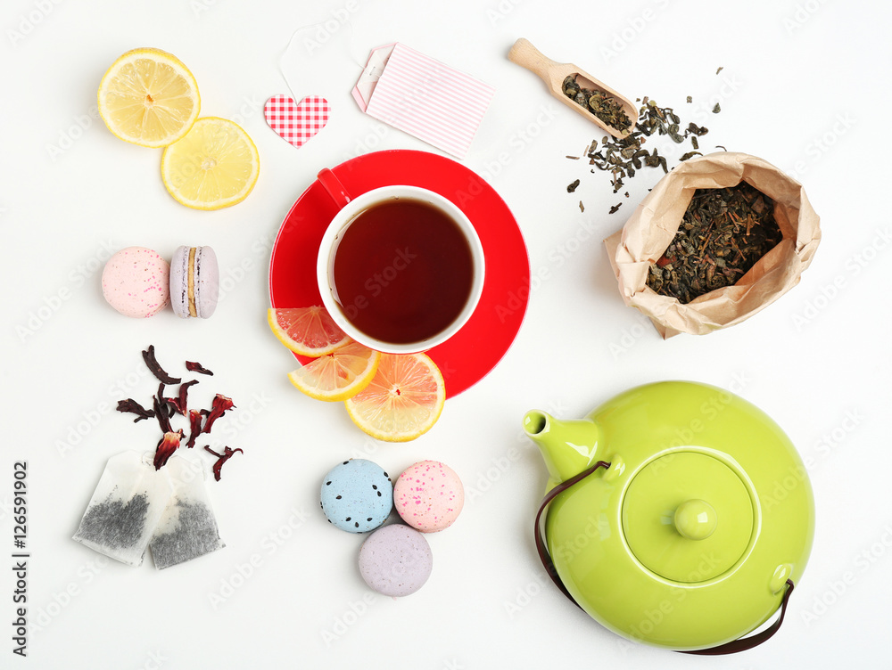 Tea set on white background, flat lay Stock Photo | Adobe Stock