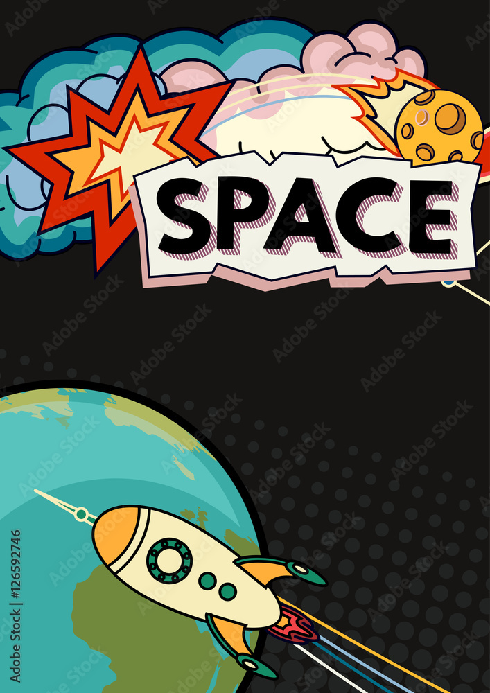 Cartoon vector illustration of space. Moon, planet, rocket, earth ...